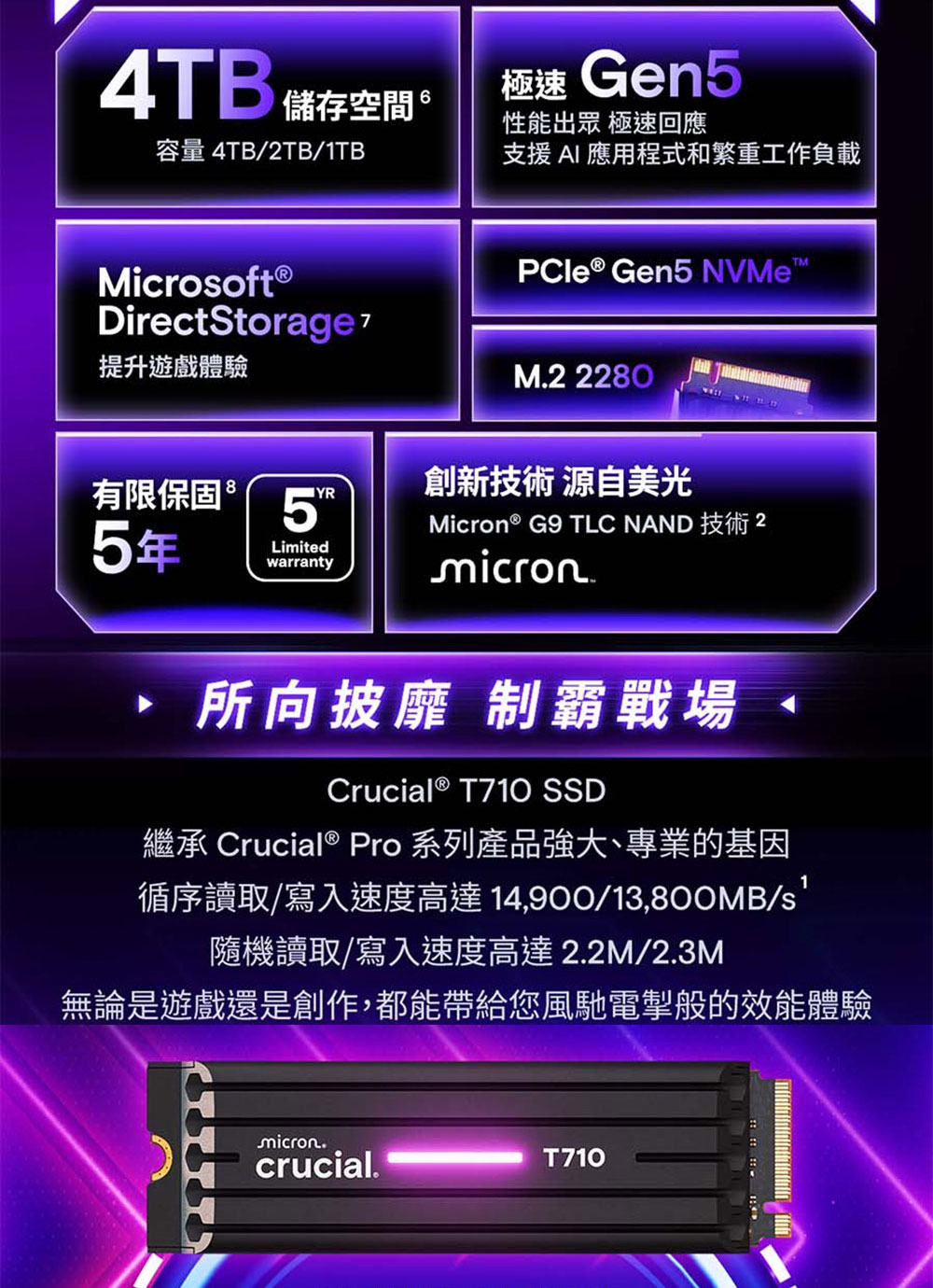 美光 Micron Crucial T710 2TB含散熱片 Gen5 PCIe 5.0 讀14500/寫13800/TLC【五年 ...